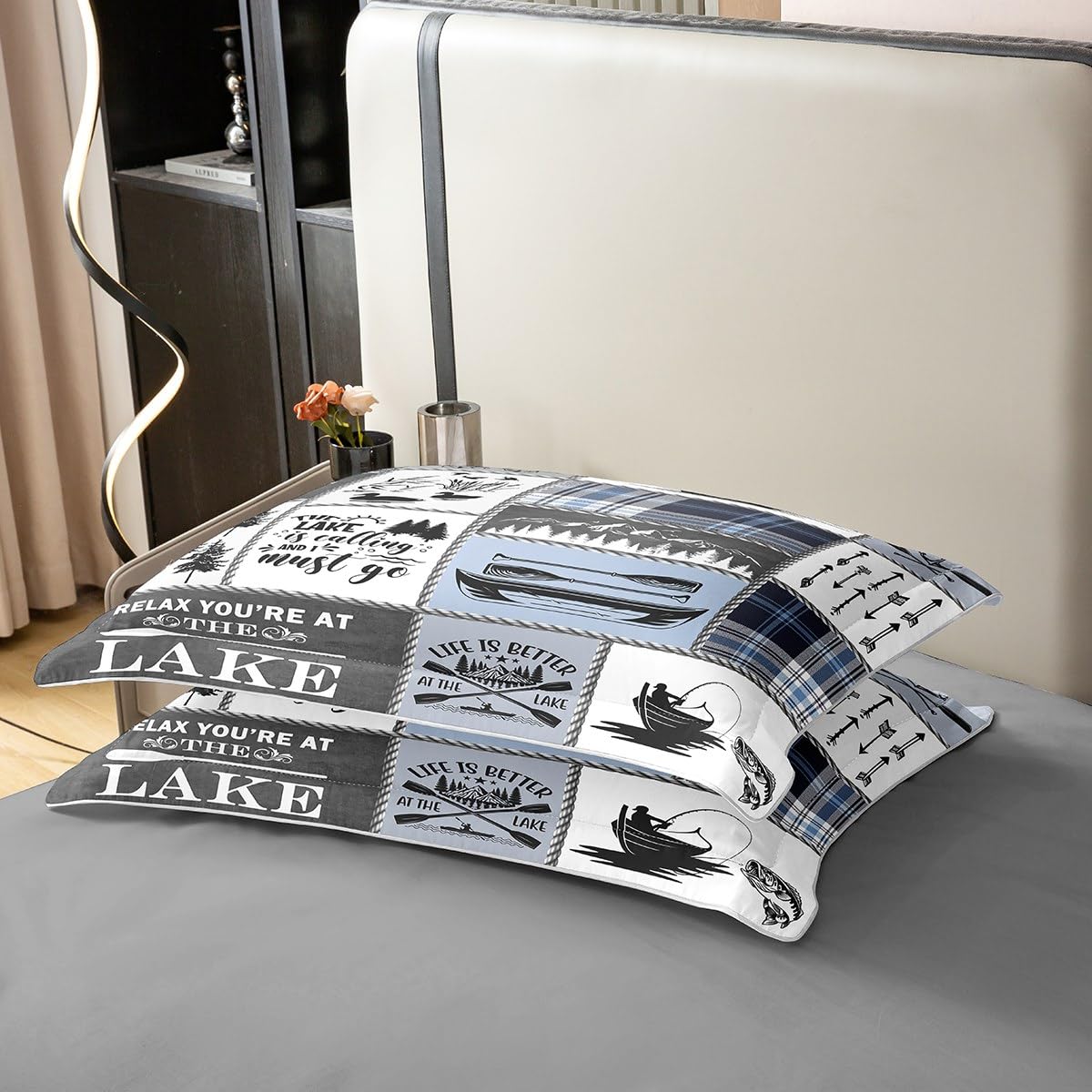 Rustic Farmhouse Style 100% Nature Cotton Duvet Cover King Size,Lake Theme Outdoor Camping Anchor Paddle Silhouette Super Soft Bedding Set,Seaside Cabin Wild Duck Comforter Cover Bedding 3 Piece