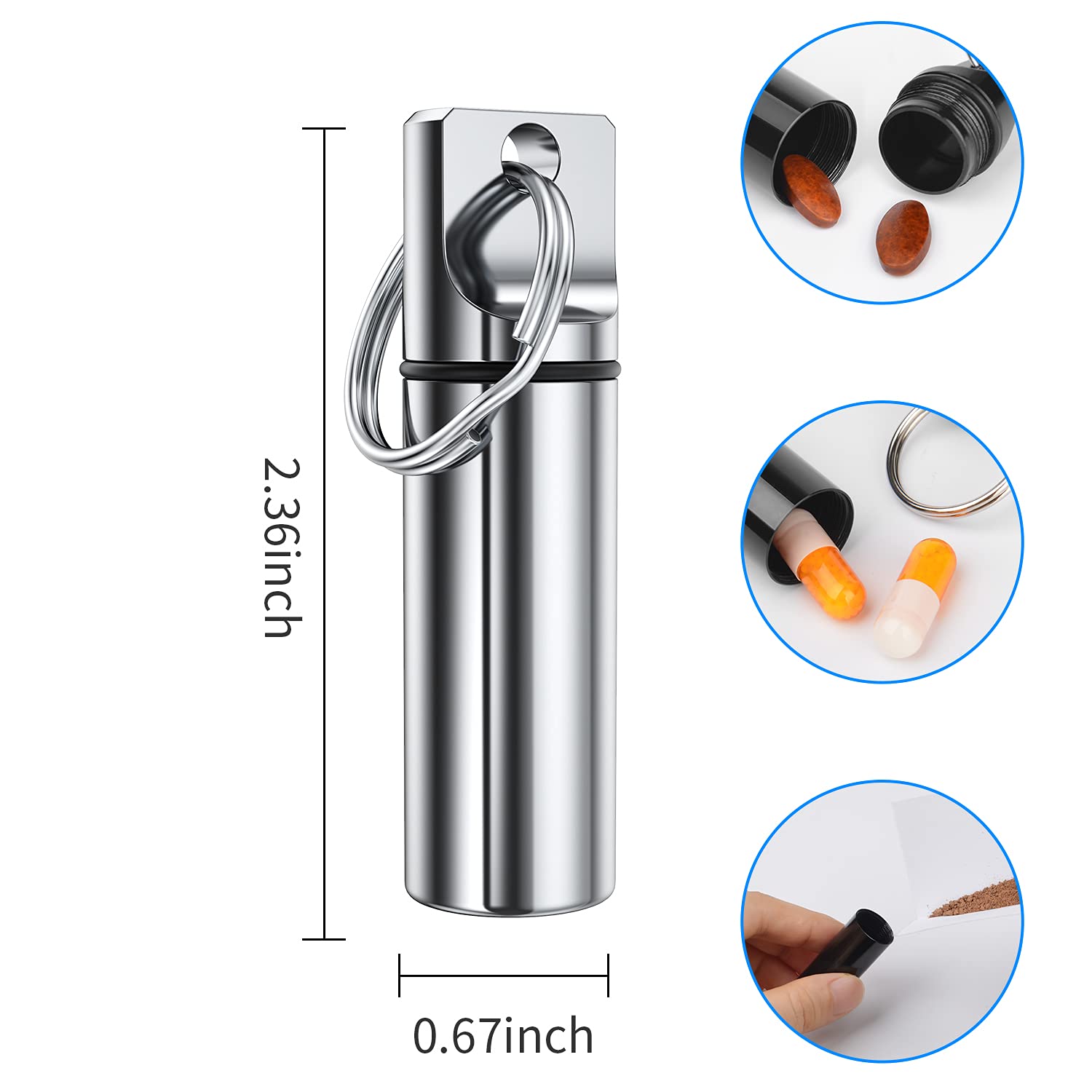 Small Pocket Pill Box Keychain, Aluminium Alloy Portable Mini Pill Organizer Case Container for Purse, Waterproof Metal Pill Holder Medicine Bottle for Outdoor Camping Travel (Silver)
