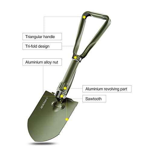 REDCAMP Military Folding Camping Shovel,High Carbon Steel Entrenching Tool Tri-fold Handle Shovel with Cover,Green 2.5lbs