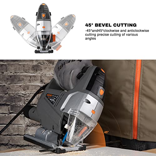 KSEIBI 714011 Jig Saw Corded Electric Machine Tool 6.5A, with Laser & LED, 6 Variable Speed, 9 Tool-Free Blades, ±45° Bevel and Straight Cutting, 4 Orbital Settings and, 8 Feet Cord - KST 110V