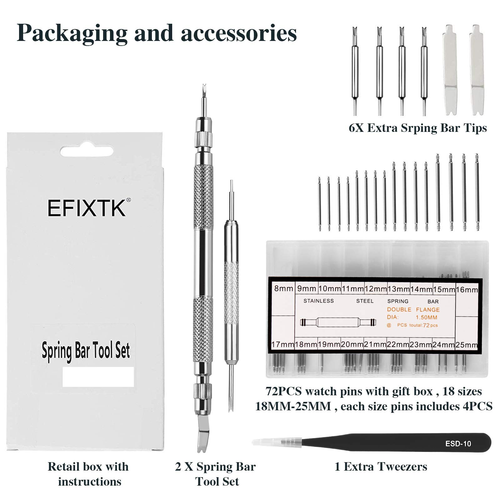 EFIXTK Spring Bar Tool Set with Extra 6 Tips Pins for Watch Wrist Bands Strap Removal Repair Fix Kit,72PCS Extra Watch Pins