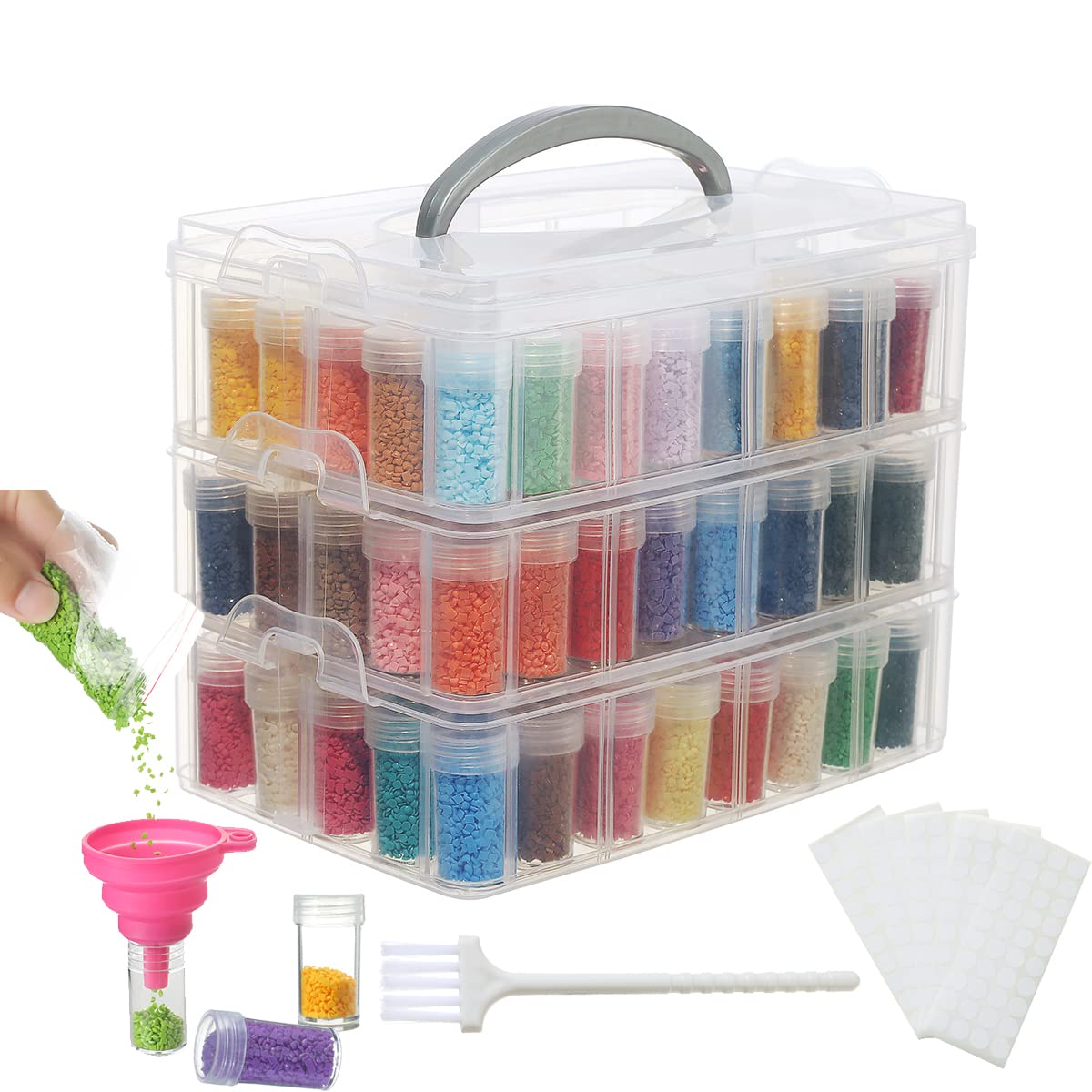 Douorgan 3-Tier Diamond Painting Storage Containers Portable Bead Organizer and Storage Box Stackable Arts & Crafts Organizers for Nail Charms Seed, 132 Round, Funnel, Stickers