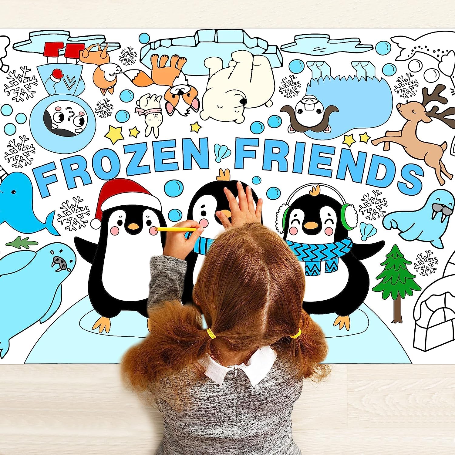 Haooryx Giant Polar Animals Themed Coloring Poster 4.6 x 2ft Large Jumbo Frozen Friends Blank Paper Banner with Penguin Polar Bear Coloring Tablecover Decoration for Kids DIY Art Craft Activity Supply