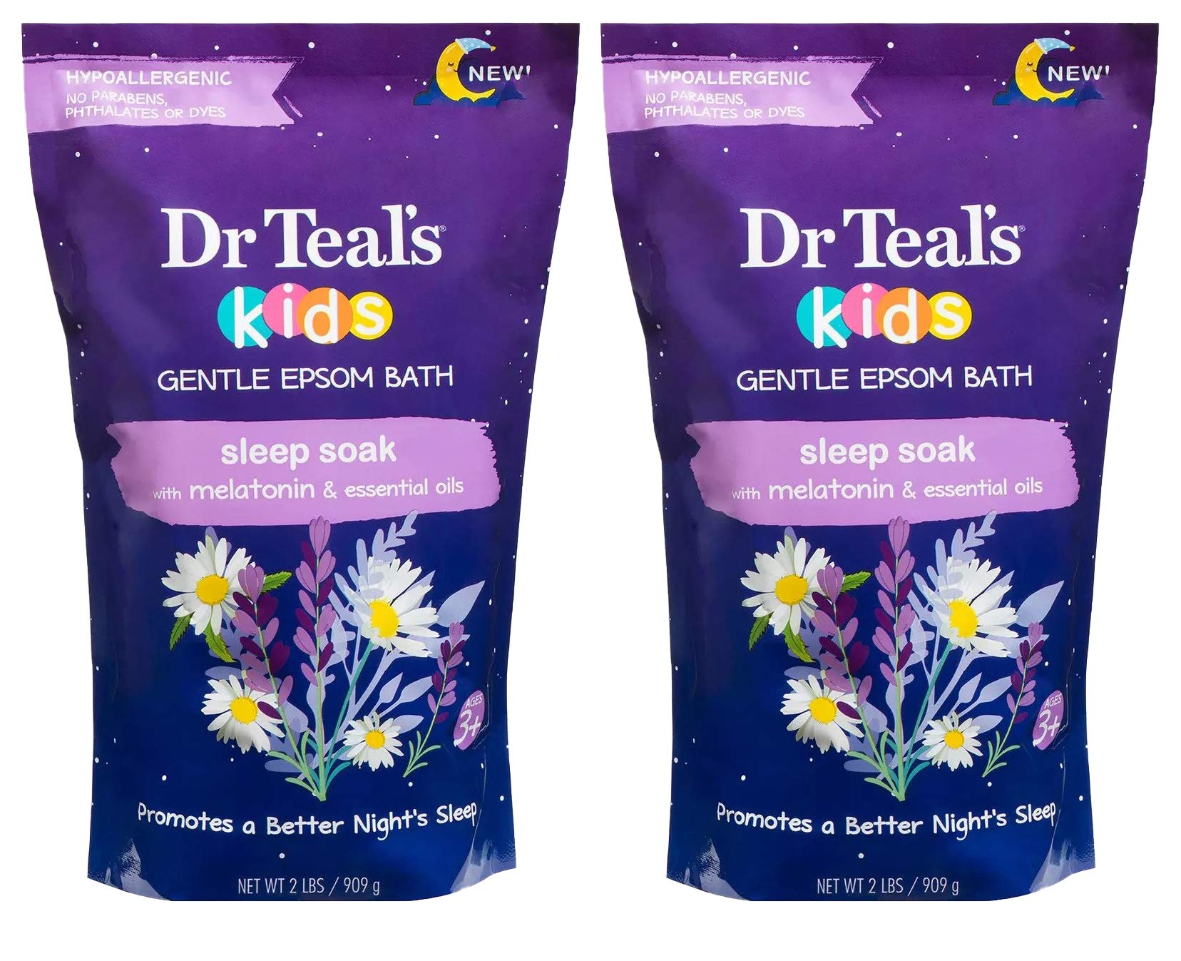 Dr. Teal's Kids' Gentle Sleep Soak with Pure Epsom Salt & Melatonin - (2 Pack, 2lbs Ea.) - Coconut and Other Essential Oils Relieve Stress & Soothe The Body - Hypoallergenic & Paraben Free
