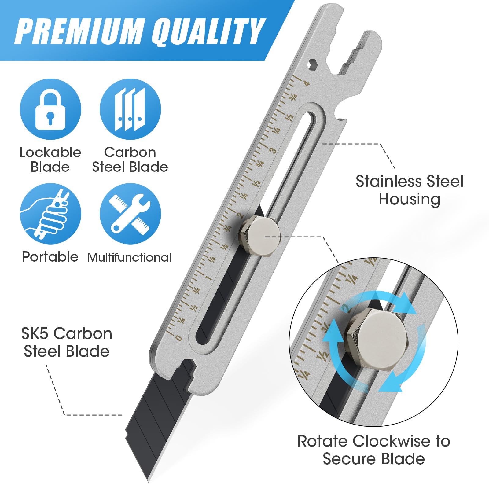 Tomorotec 4-In-1 Multifunctional Utility Knife, Stainless Steel Box Cutter Retractable w/ 10 SK5 Replacement Blades, Mutipurpose for Knife, Ruler, Bottle Opener, Wrench, Heavy-Duty for Office Home Use