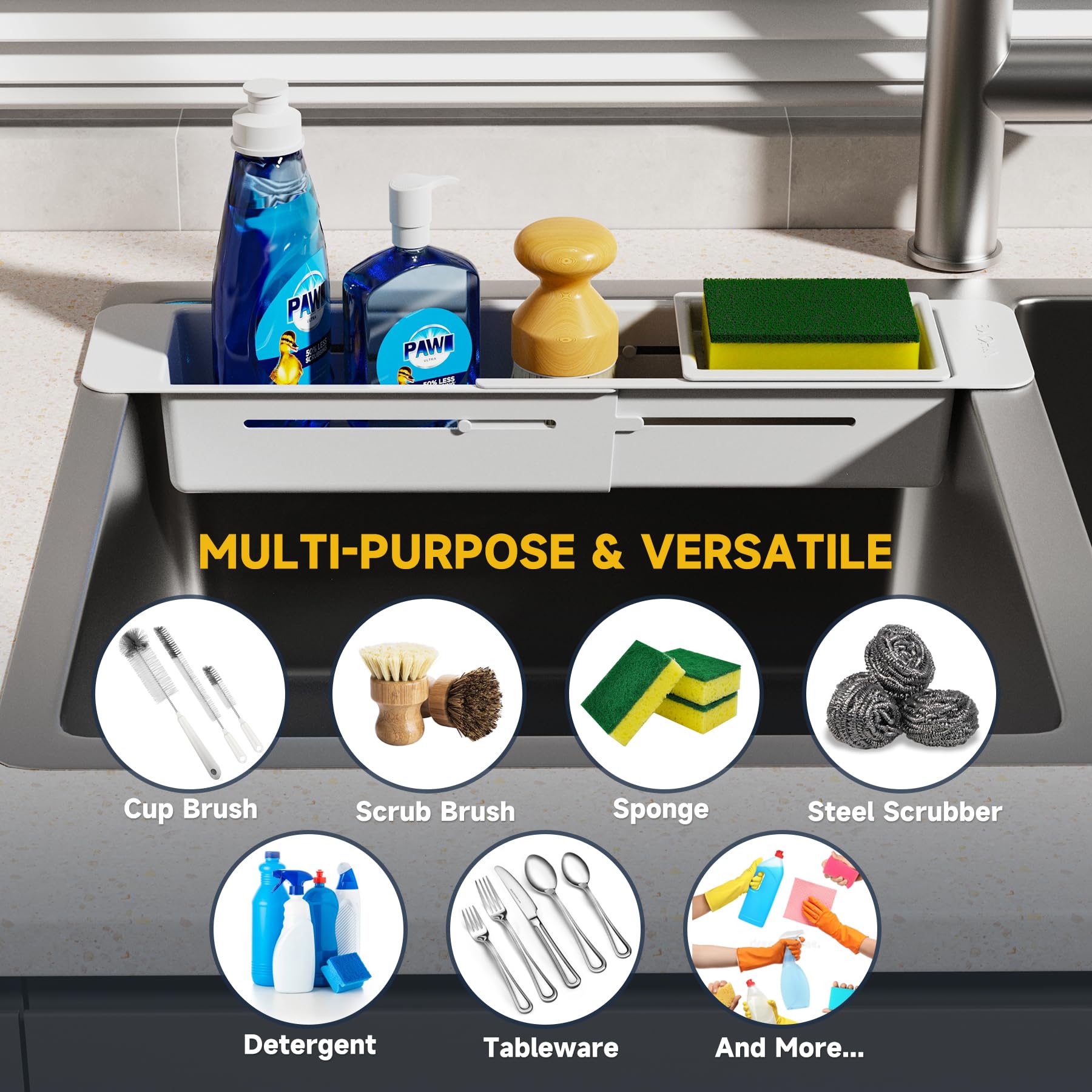 NiHome Extendable Over Sink Kitchen Organizer, Telescopic Sink Storage Rack for Sponge, Non-Slip Pads Expandable Sink Caddy, Adjustable Sponge/Brush Rack with Drainage Durable ABS Material (Grey)