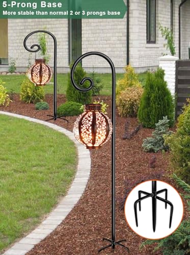 Koutemie 60 Inch Outdoor Shepherd Hook for Hanging Plant, Adjustable Heavy Duty Bird Feeder Pole with 5 Prong Base for Solar Lanterns, Black & 2 Packs