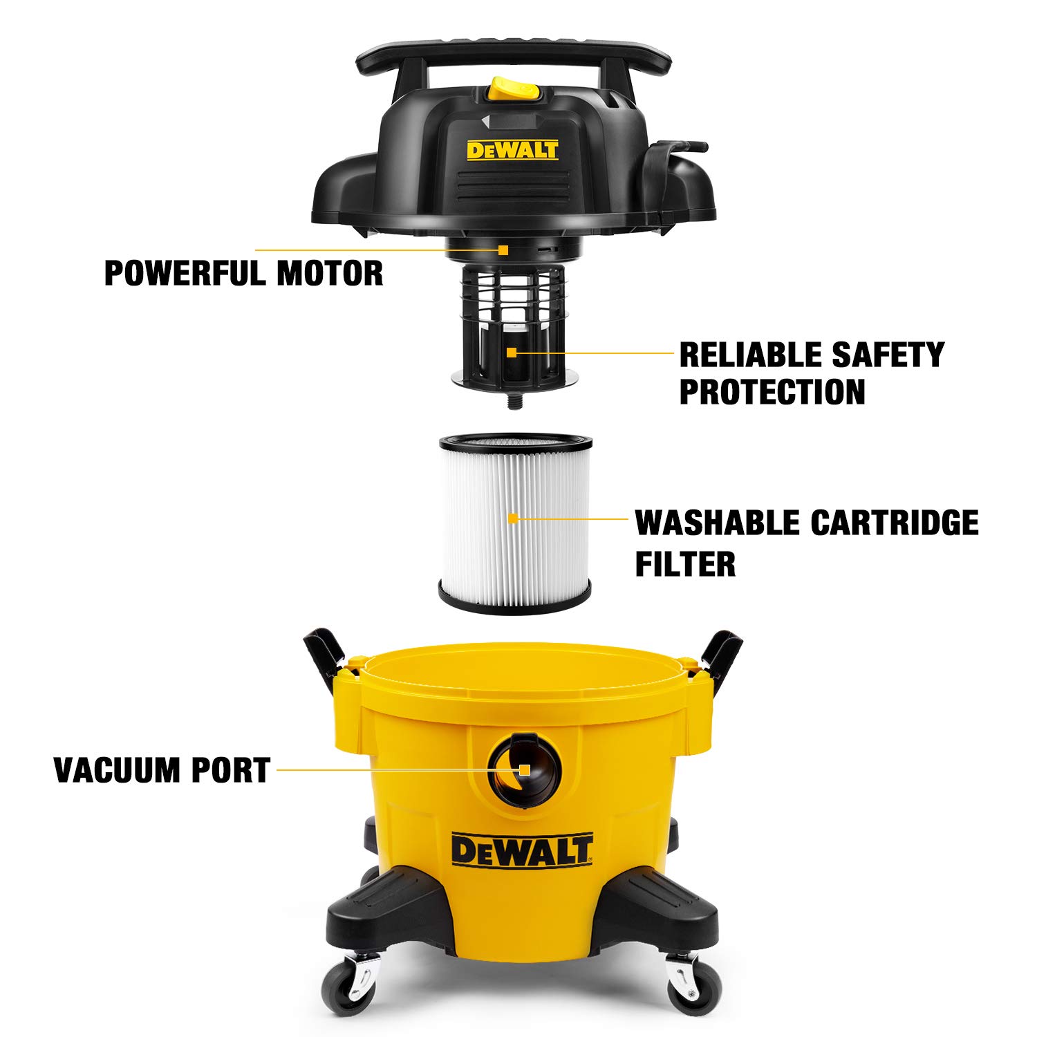 DEWALT Wet Dry Vacuum, 6 Gallon 4HP Poly Shop Vacuum, Long Life Cycle with Cartridge Filter, 4 Casters, 3 in 1 Function