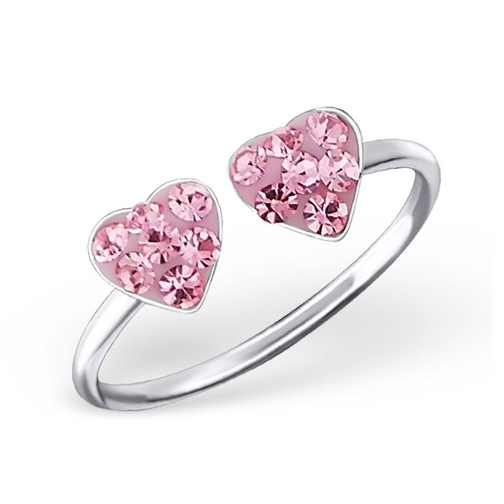 Double Heart Toe Ring Light Pink Rose Crystal Sterling Silver 925 (E18838)