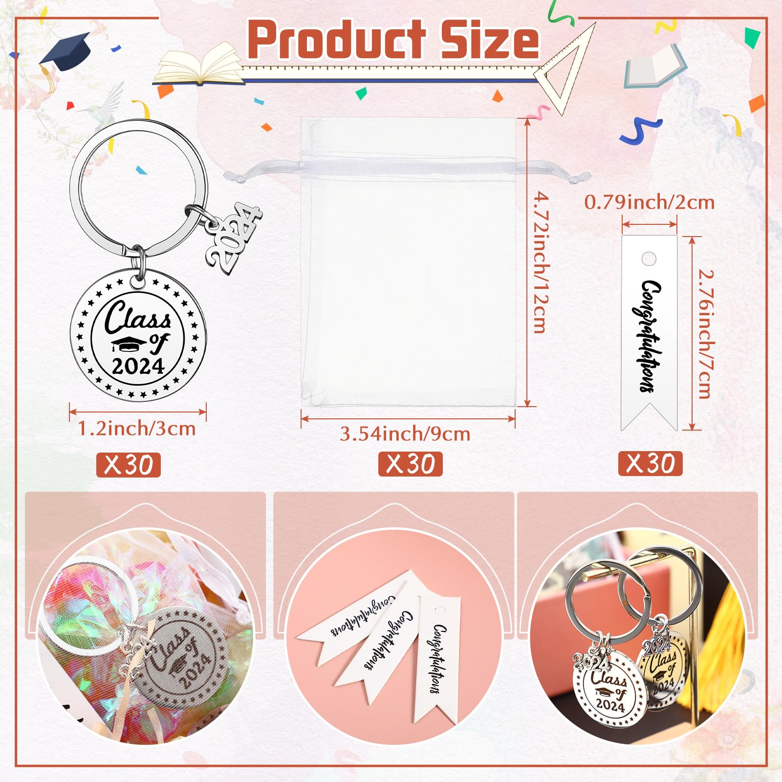 Kigeli 30 Pcs Class of 2024 Keychain Graduation Gift Keychain Bulk Inspirational Key Chain for Senior High School College (Simple)