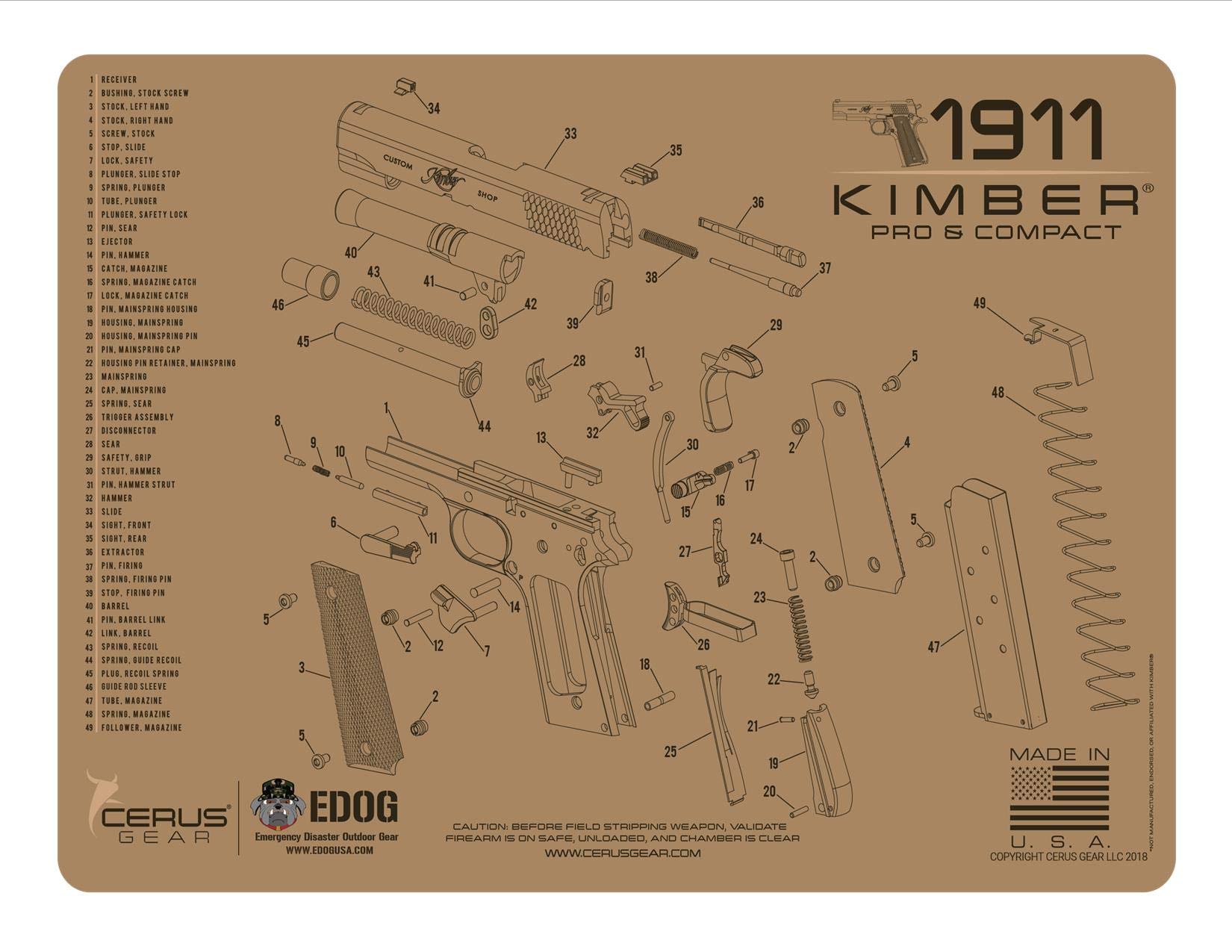 EDOG Gunslinger 20 PC Gun Cleaning Kit - Pistol Mat Compatible with Kimber 1911 Compact & Pro - Tan - Schematic (Exploded View) Mat, Gunslinger Universal .22 .38 .357 9mm .40 & .45 Caliber Kit