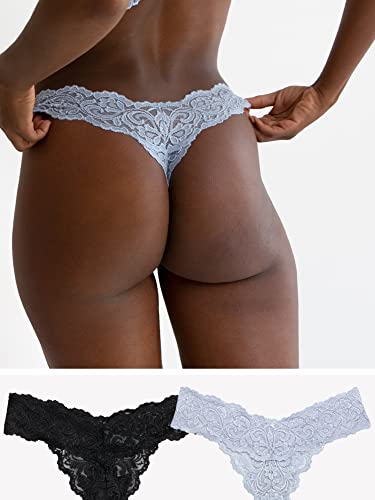 Smart & Sexy Women's Plus Size Signature Lace Thong Panty 2 Pack, Mineral Water/Black Hue, 3X