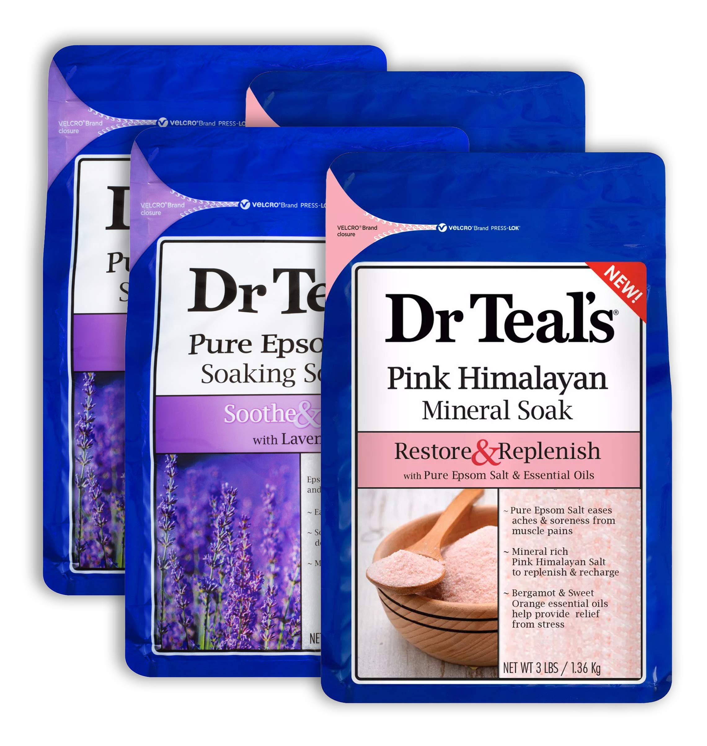 Dr. Teal's Salt Bath Variety Gift Set (4 Pack, 3lbs Ea.) - Soothe & Sleep Lavender, Restore & Replenish Pink Himalayan - Essential Oils Blended with Pure Epsom Salt Eases Aches & Pains - at Home Spa