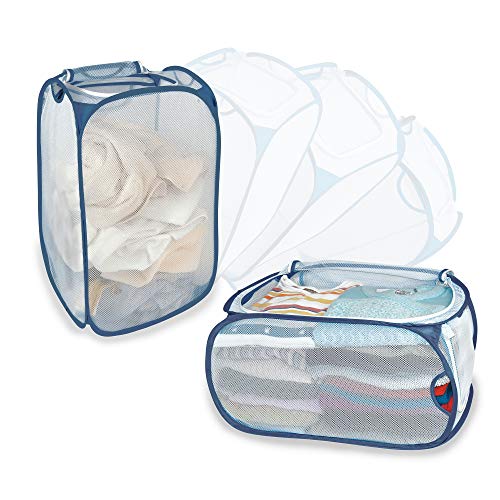 Smart Design Deluxe Collapsible Laundry Baskets – Holds Up to 3 Loads, White/Blue – Pop-Up Laundry Hamper Stands or Lays for Easy Organization and Storage – Laundry Basket Made with Breathable Mesh