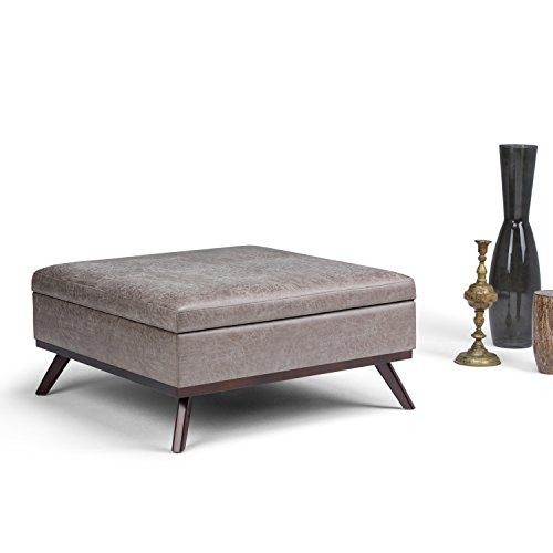 SIMPLIHOME Owen 36 Inch Wide Mid Century Modern Square Coffee Table Lift Top Storage Ottoman in Upholstered Distressed Grey Taupe Faux Leather, For the Living Room