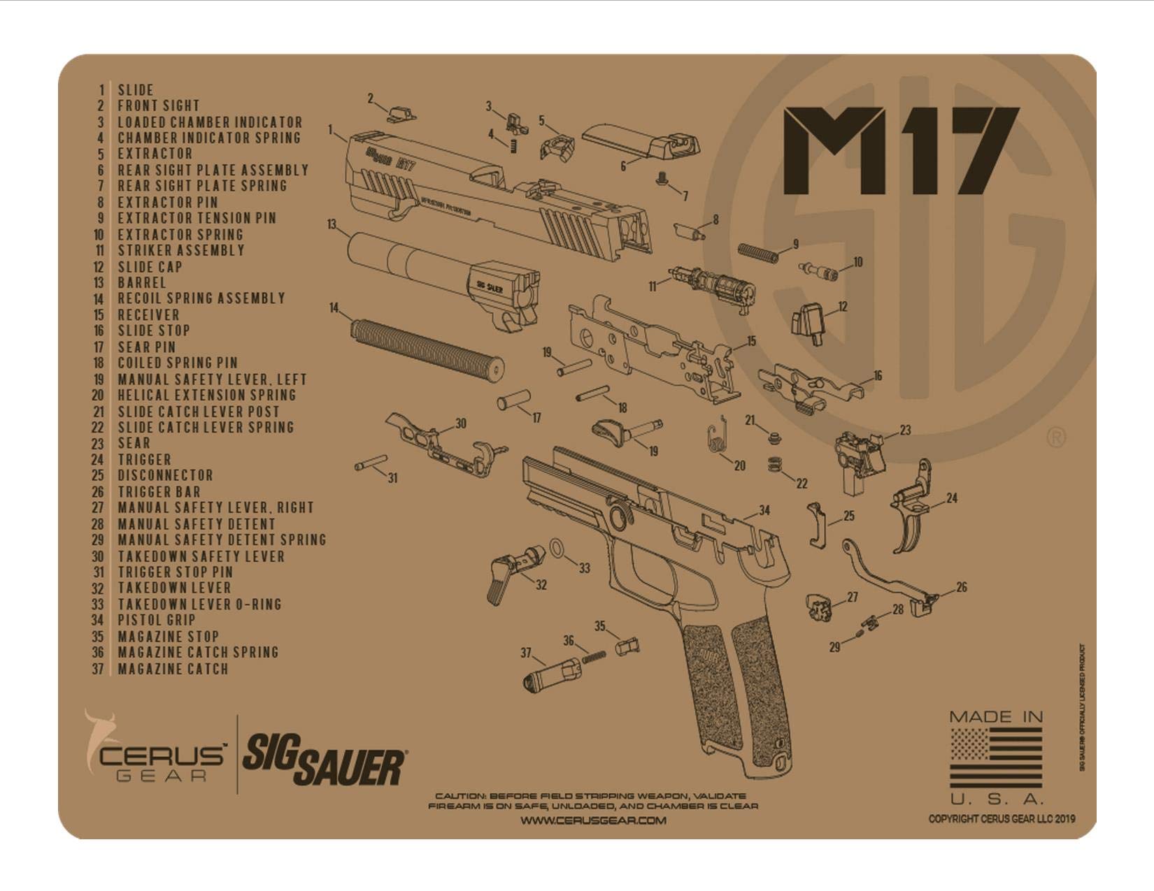 EDOG M17 Gun Cleaning Mat - Tan Schematic (Exploded View) Diagram Compatible with Sig Sauer M17 Tan Series Pistol 3 mm Padded Pad Protect Firearm Magazines Bench Surfaces Gun Oil Solvent Resistant