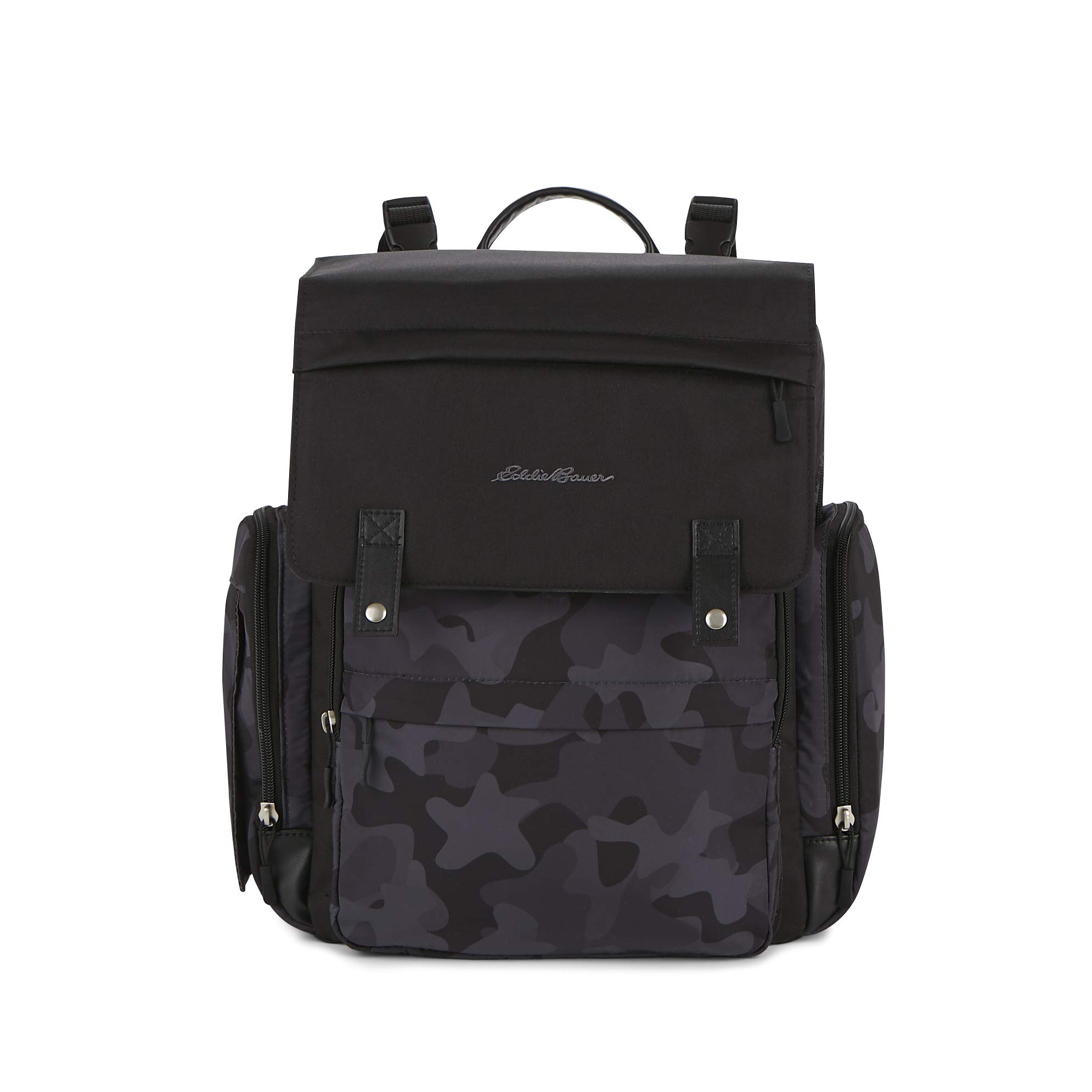 Eddie Bauer Places & Spaces Camouflage Compass Diaper Bag Backpack, Cooler Bottle Pockets and Changing Pad Included, Black and Camo