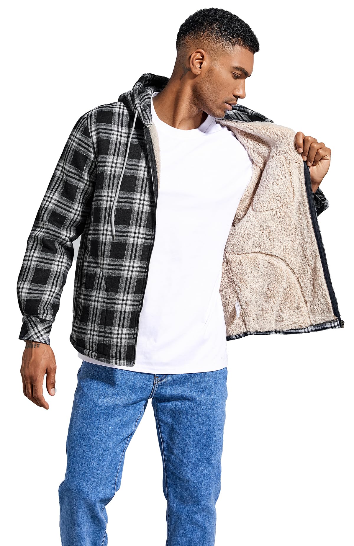 Elesuit Men's Flannel Shirt Jacket Plaid Full Zip Hoodie Fleece Lightweight Jacket Warm Winter Casual Thick Coats Black Large