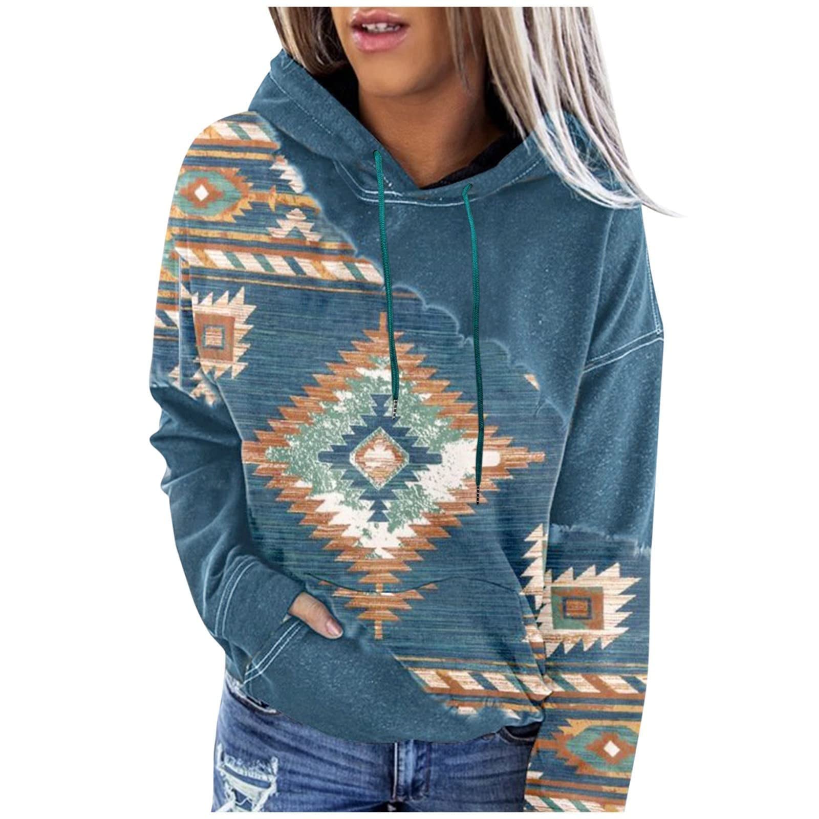 fartey Aztec Hoodie for Women Western Ethnic Style Printed Casual Drawstring Sweatshirts Geometric Loose Fit Pullover Tops, 02 Blue, XX-Large