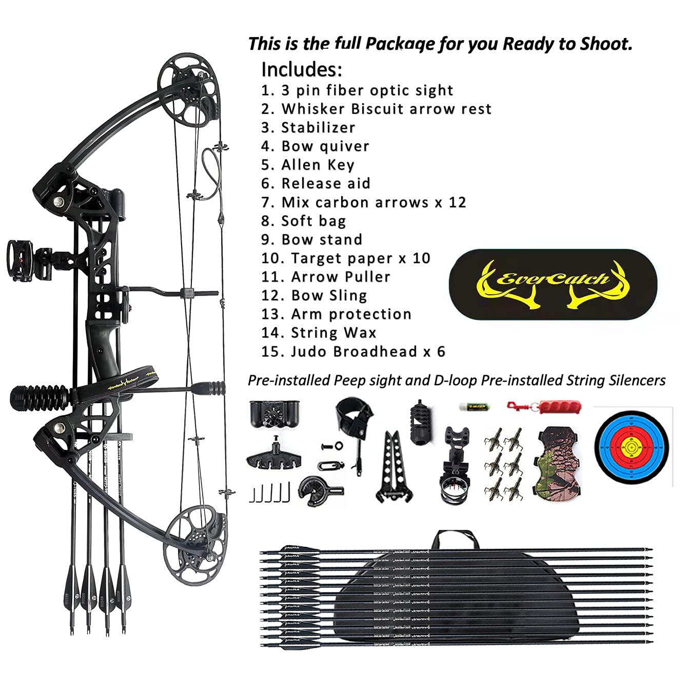 evercatch Compound Bow Set 30-70 LB Hunting Target Bow Kit 2022 New Model | Fully Adjustable 24.5-31”(Black)