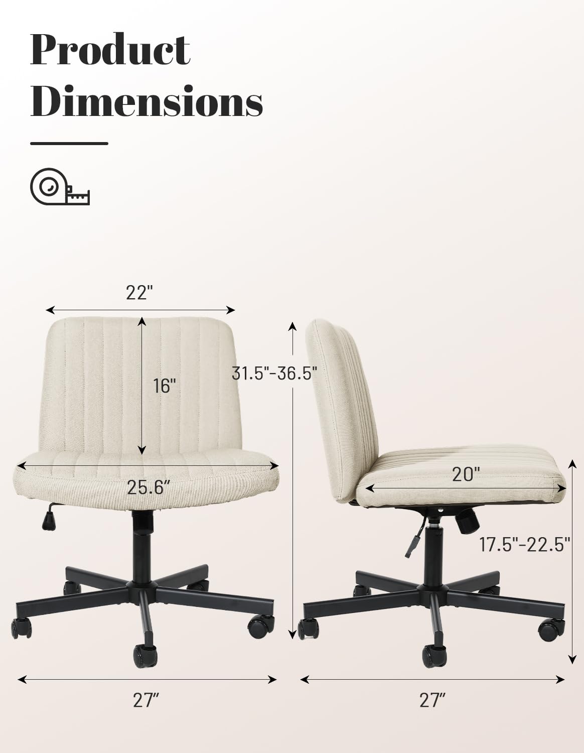 Murago Criss Cross Chair with Wheels, Extra Wide Cross Legged Office Desk Chair, Plus Size Swivel Vanity Chair, Height Agjustable Chair, Beige