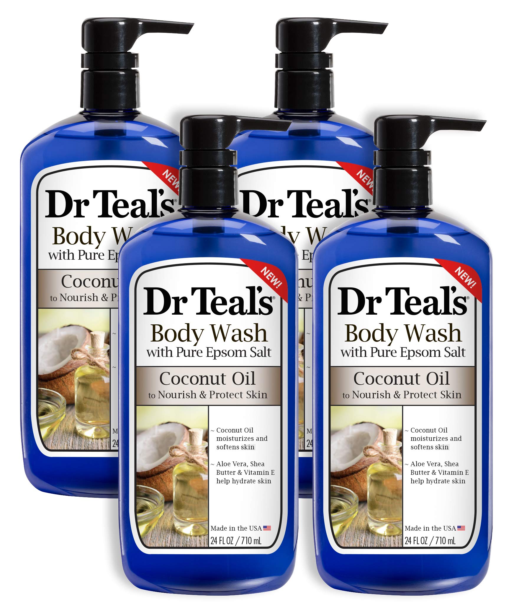 Dr Teal's Coconut Oil Body Wash, 4 Pack, 24 Fl Oz Each, Nourish & Protect, Moisturizing, Unisex