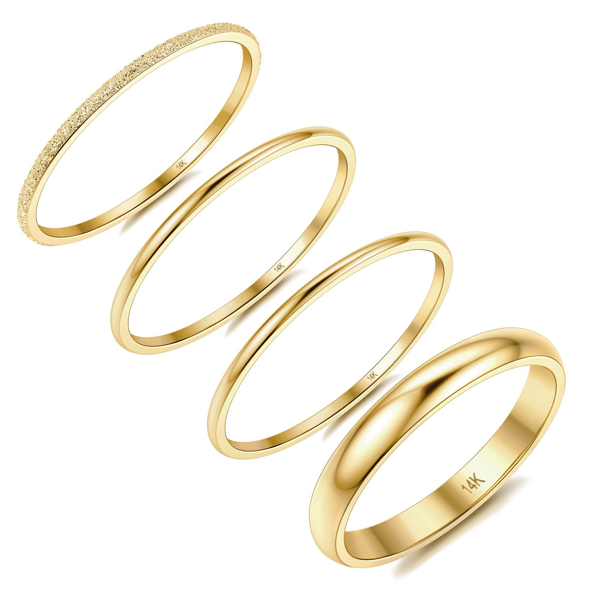 Helicopchain 4Pcs 14K Gold Filled Rings Stacking Rings for Women Thin Gold Ring Plain Thumb Statement Band Ring Sand Blast Finish Ring 1mm 3mm Comfort Fit Size 10