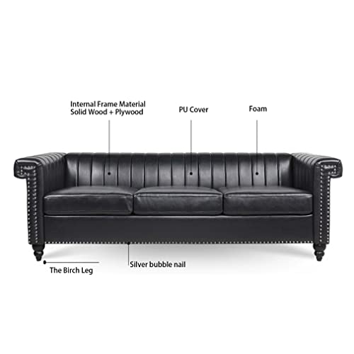 NITYASUNDARA Large Couch,Chesterfield Sofa, 3 Seater Sofa for Living Room,Square handrail Vertical Stripe Sofa Couch,Faux Leather Couch. (Black Sofa)