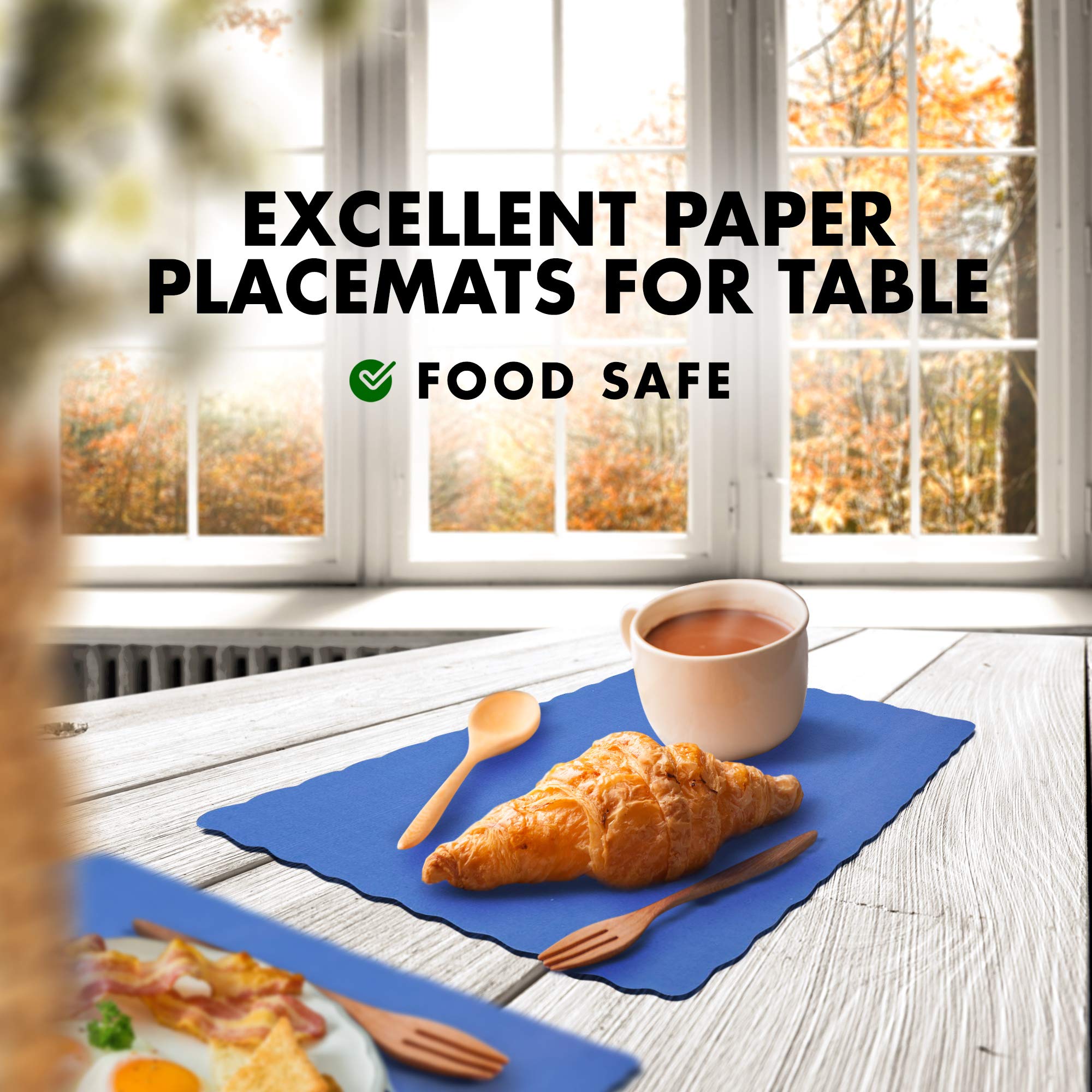 Fit Meal Prep 200 Pack Disposable Paper Placemats, 14 x 10 Inch Blue with Decorative Wavy Scalloped Edge for Restaurant Catering Dining Table, Baby Kids Birthday Parties