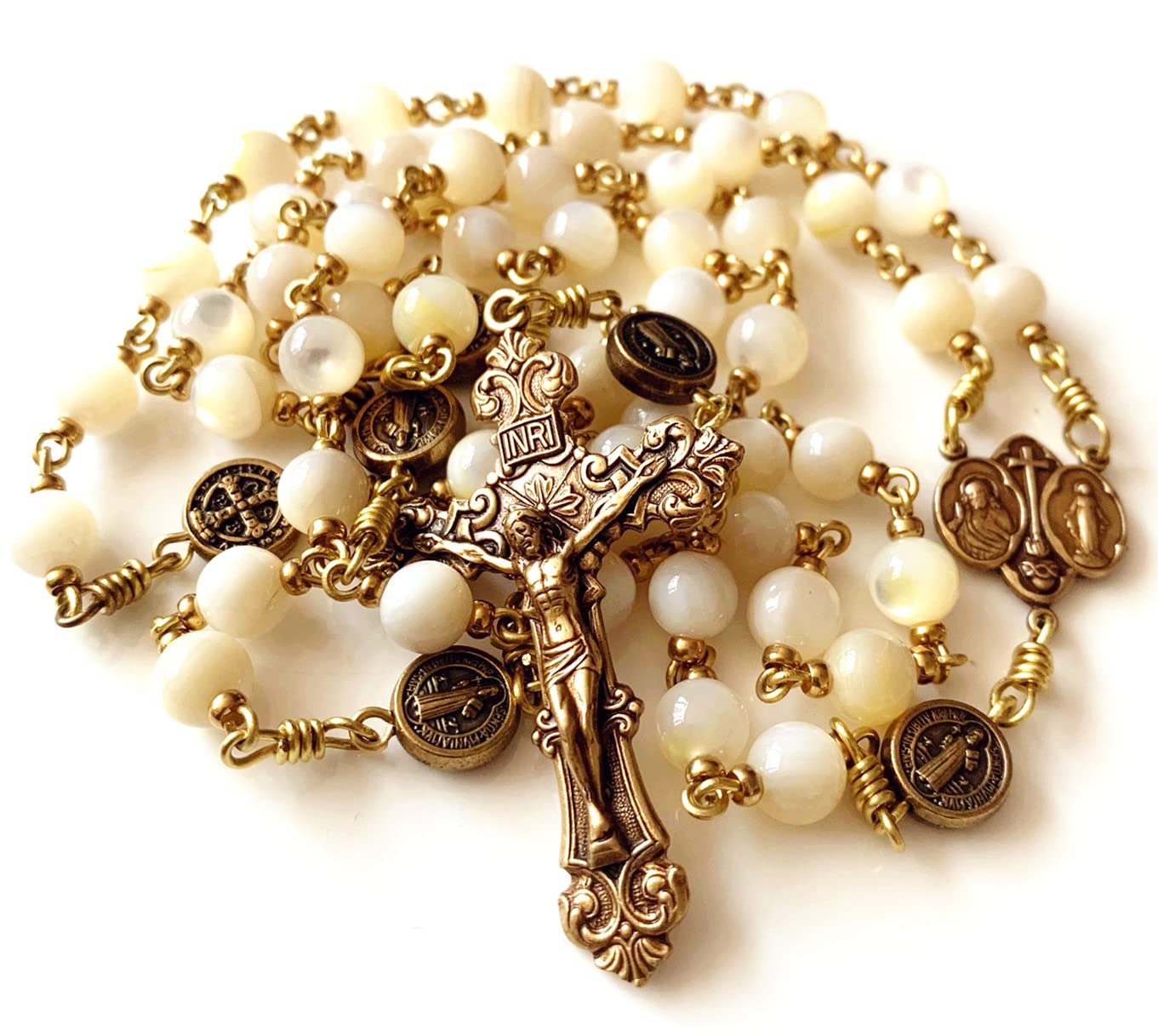 elegantmedical HANDMADE COPPER CATHOLIC ROSARY Moonlight Mother of Pearl Beads necklace Crucifix Cross gift box Gift
