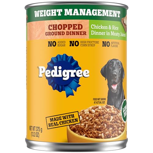 Pedigree Chopped Ground Dinner Weight Management Wet Dog Food Chicken & Rice Dinner in Meaty Juices, 13.2 oz. Cans 12 Count