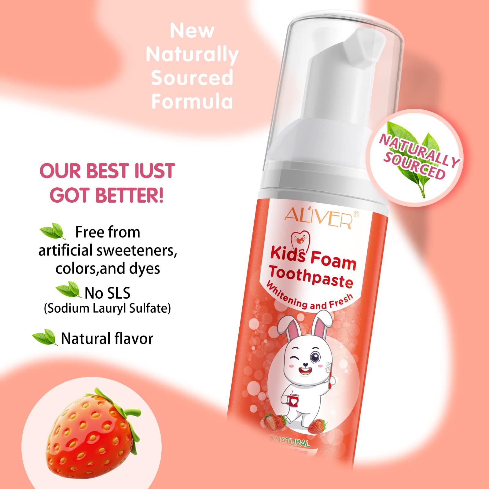 Foam Toothpaste Kids - 2 Pack Childrens Toothpaste with Low Fluoride Toddler Toothpaste for Electric Toothbrush Foaming Toothpaste Kids for Toddler's Oral Cleaning and Cavity Prevention(Strawberry)