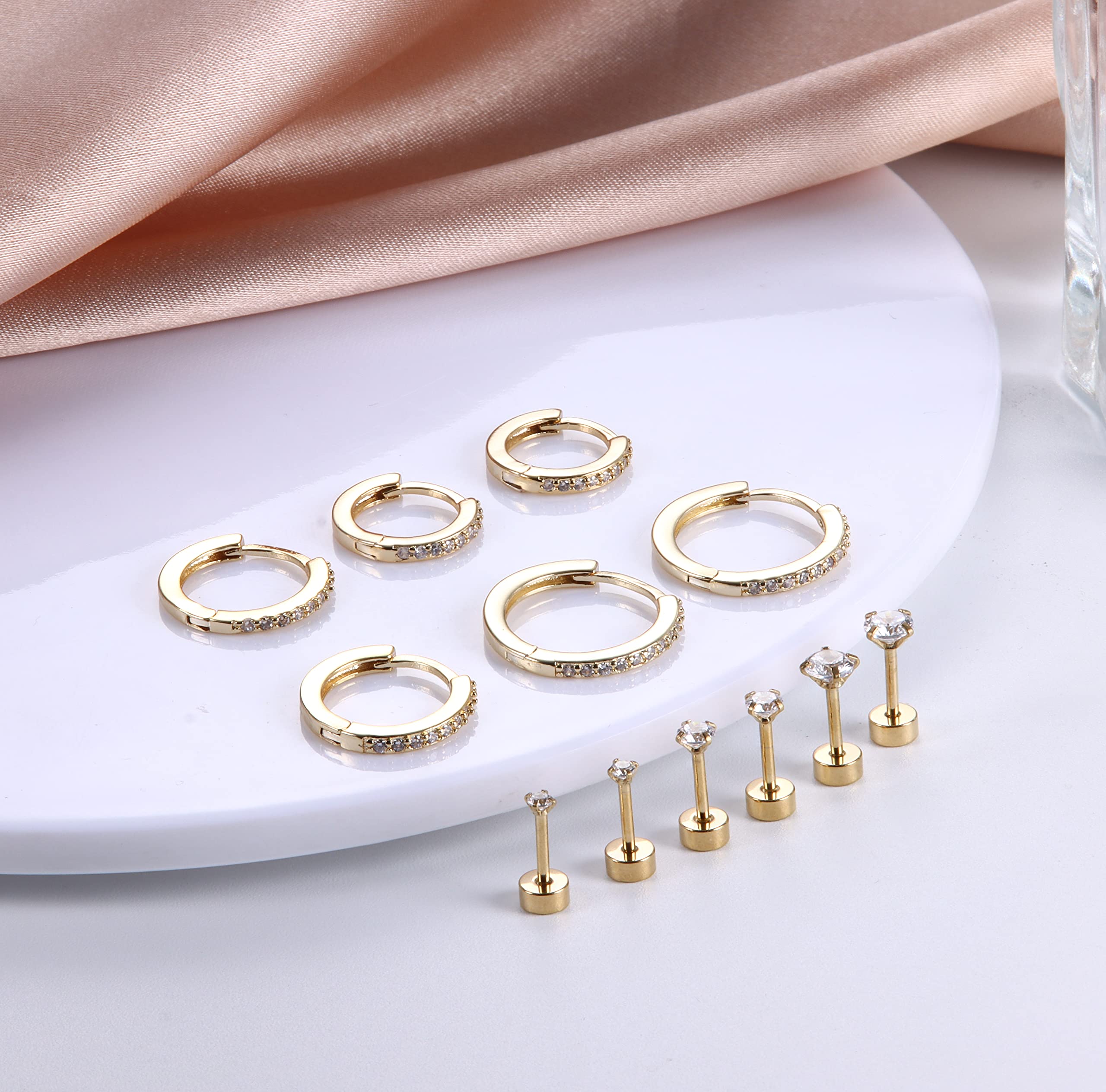 FASACCO 14K 8/10/12MM Flat Back Cartilage Earring Set for Multiple Piercing Tiny Cartilage Hoop Earrings Gold Dainty Flatback Cartilage Stud