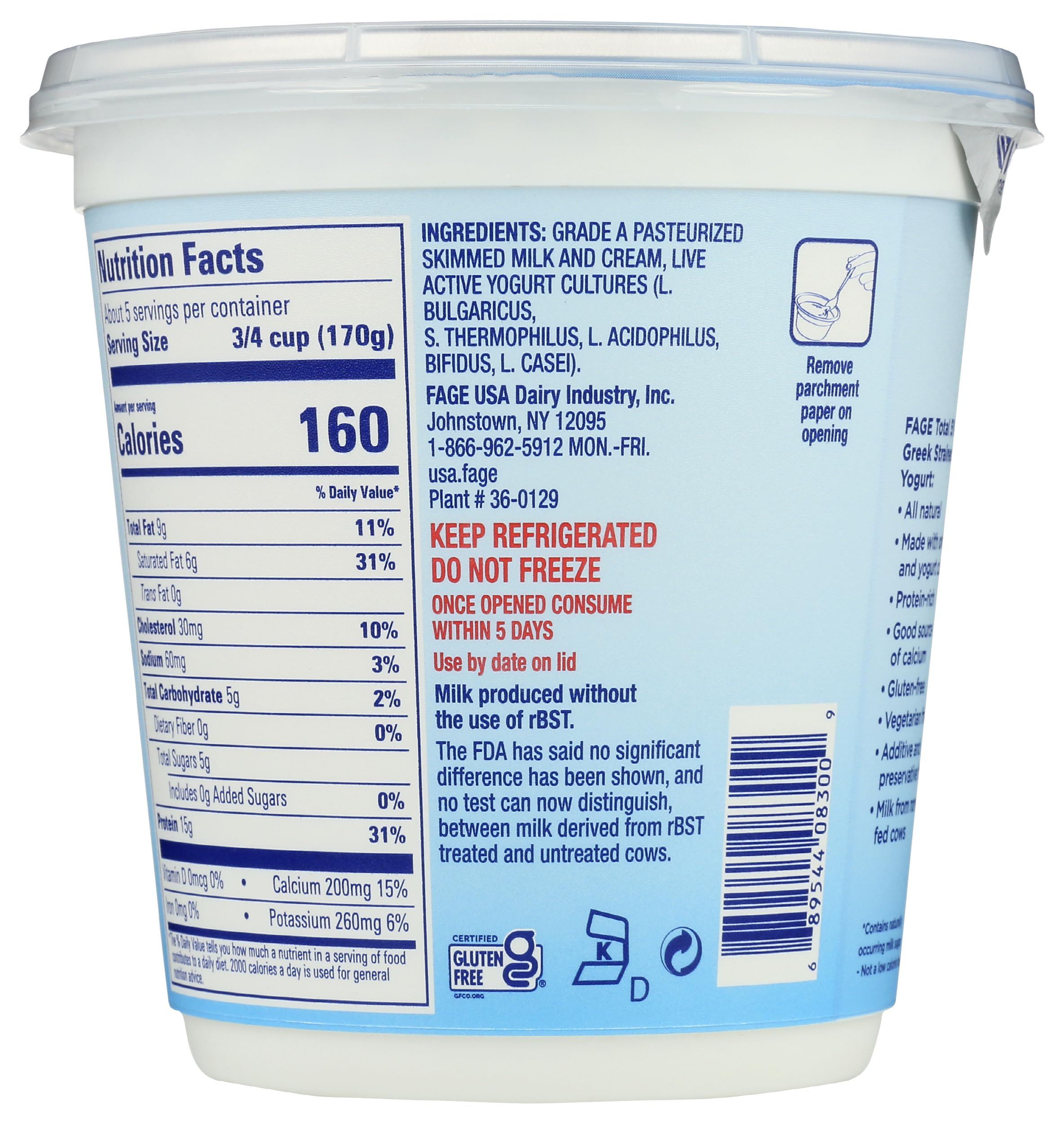 FAGE Total Greek Yogurt, 5% Whole Milk, Plain, 32 oz