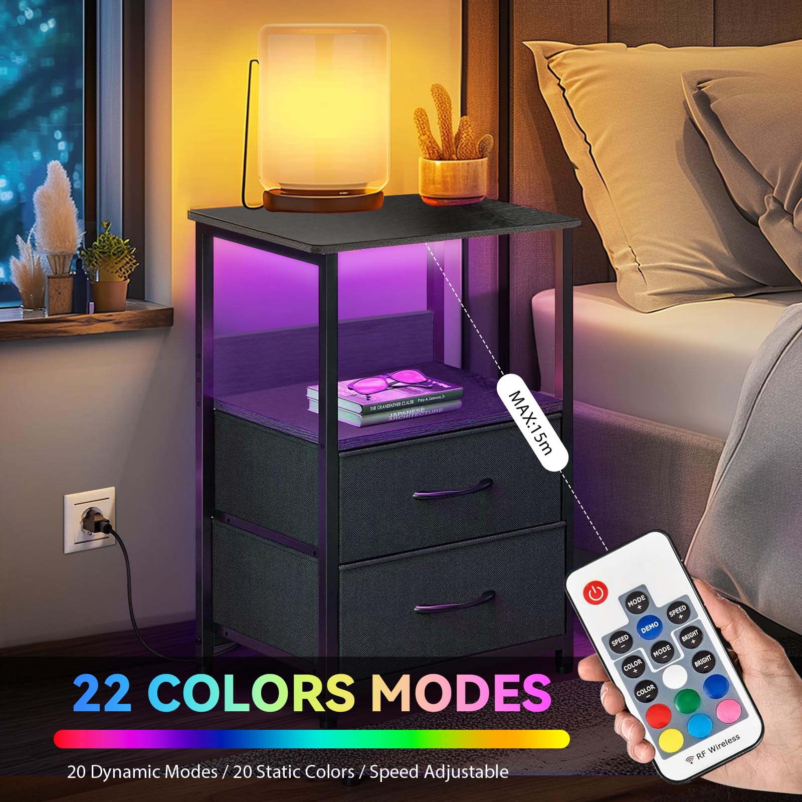 Night Stand Set of 2, Bedside Tables with Fabric Drawers, Side Table with Charging Station, LED Nightstand with USB Ports and Outlets, Small End Table for Bedroom, Rustic Brown