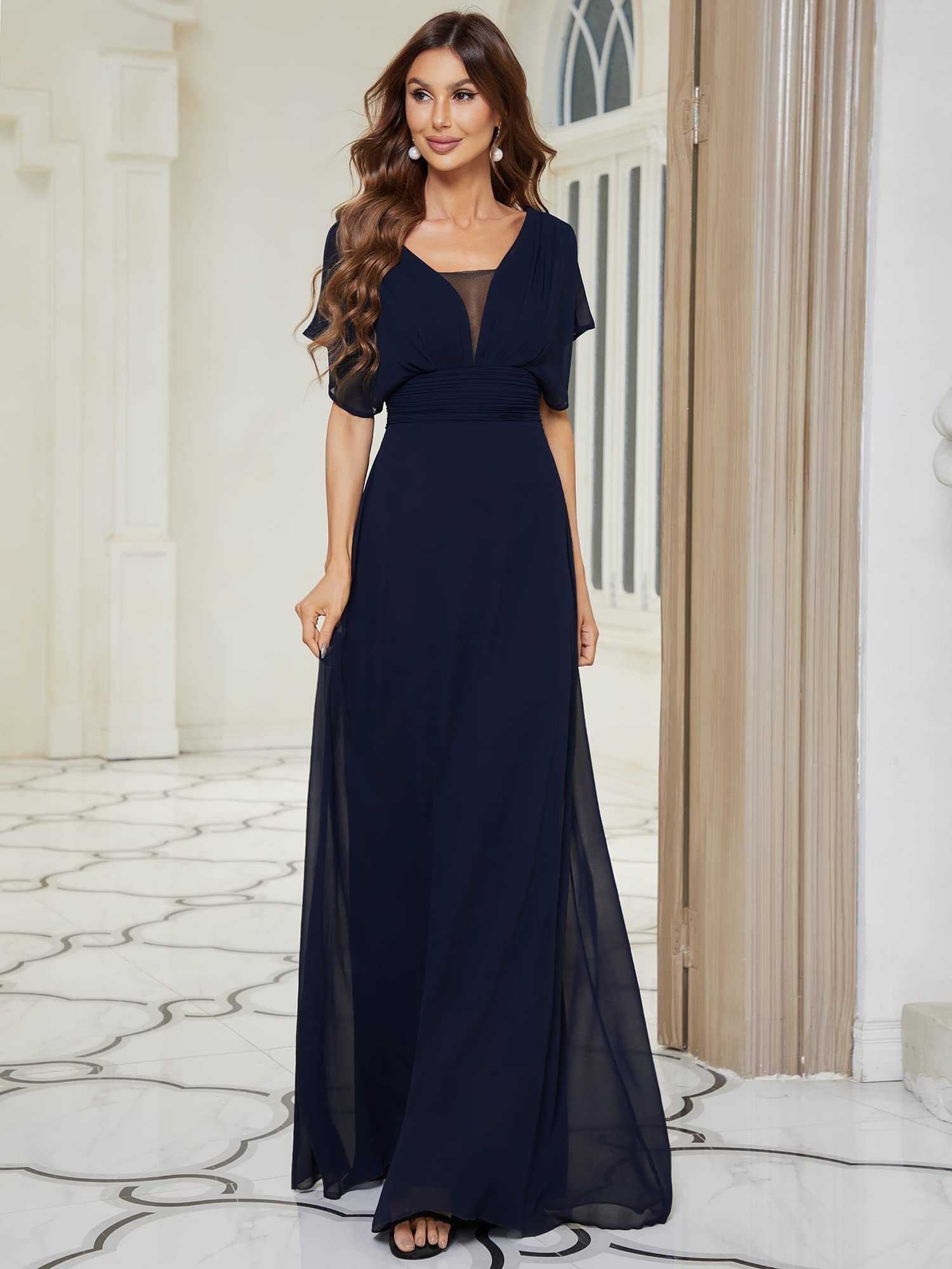 Ever-Pretty Women's Elegant Formal Dress V-Neck Short Sleeve Chiffon Long Mother of The Bride Dresses Navy Blue US12
