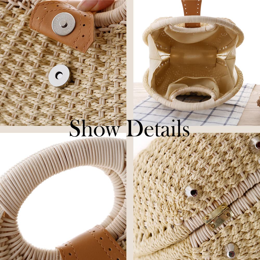 Gogobear Rattan Bag for Women Shell Shaped Straw Bag Handmade Weaving Handbag Beach Vacation Essentials(Brown) One Size