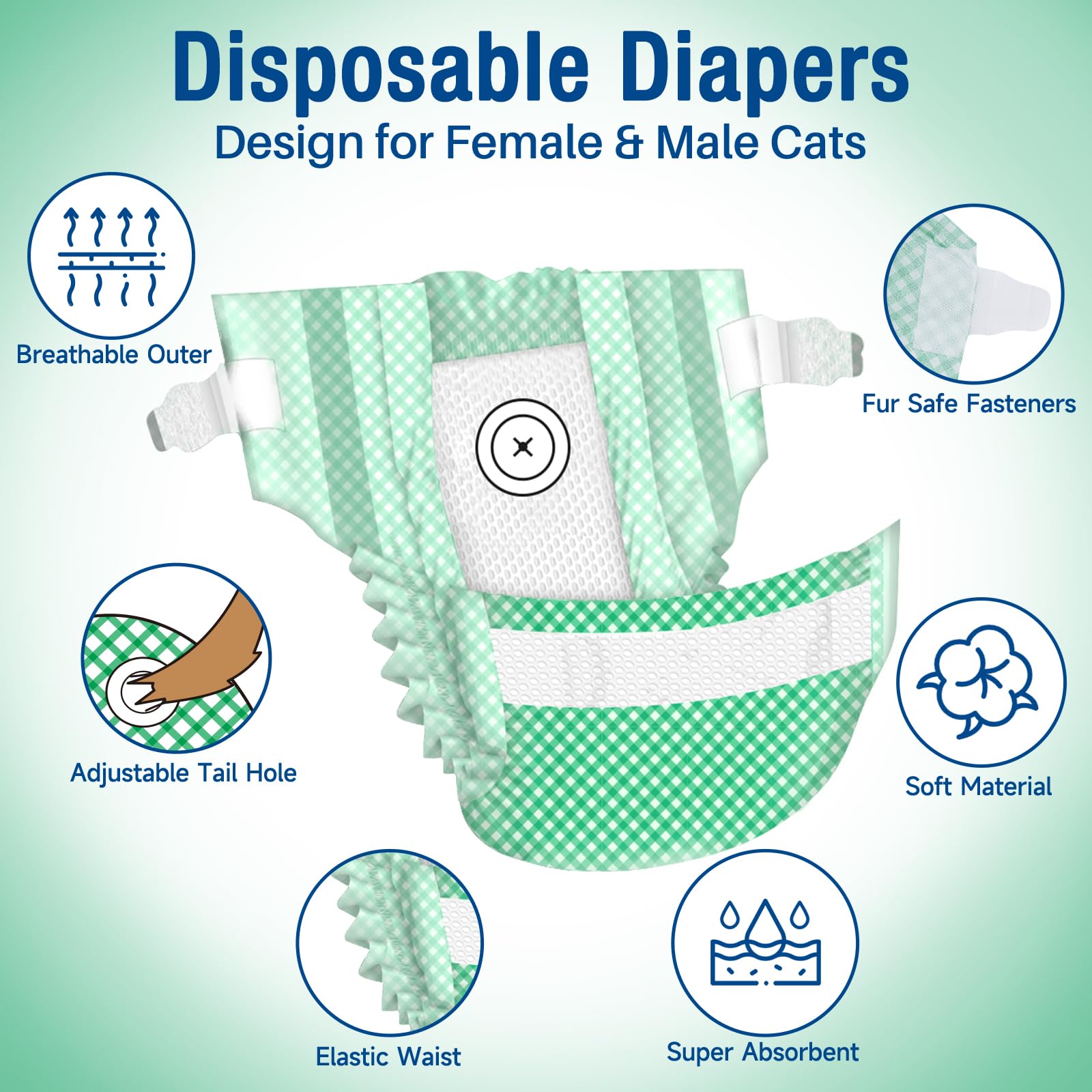 Pet Soft Disposable Cat Diapers - Diapers for Female & Male Cats, Puppy Doggie Diapers for Female Dogs with Adjustable Foam Tail Hole, Medium (24Pcs, Green)