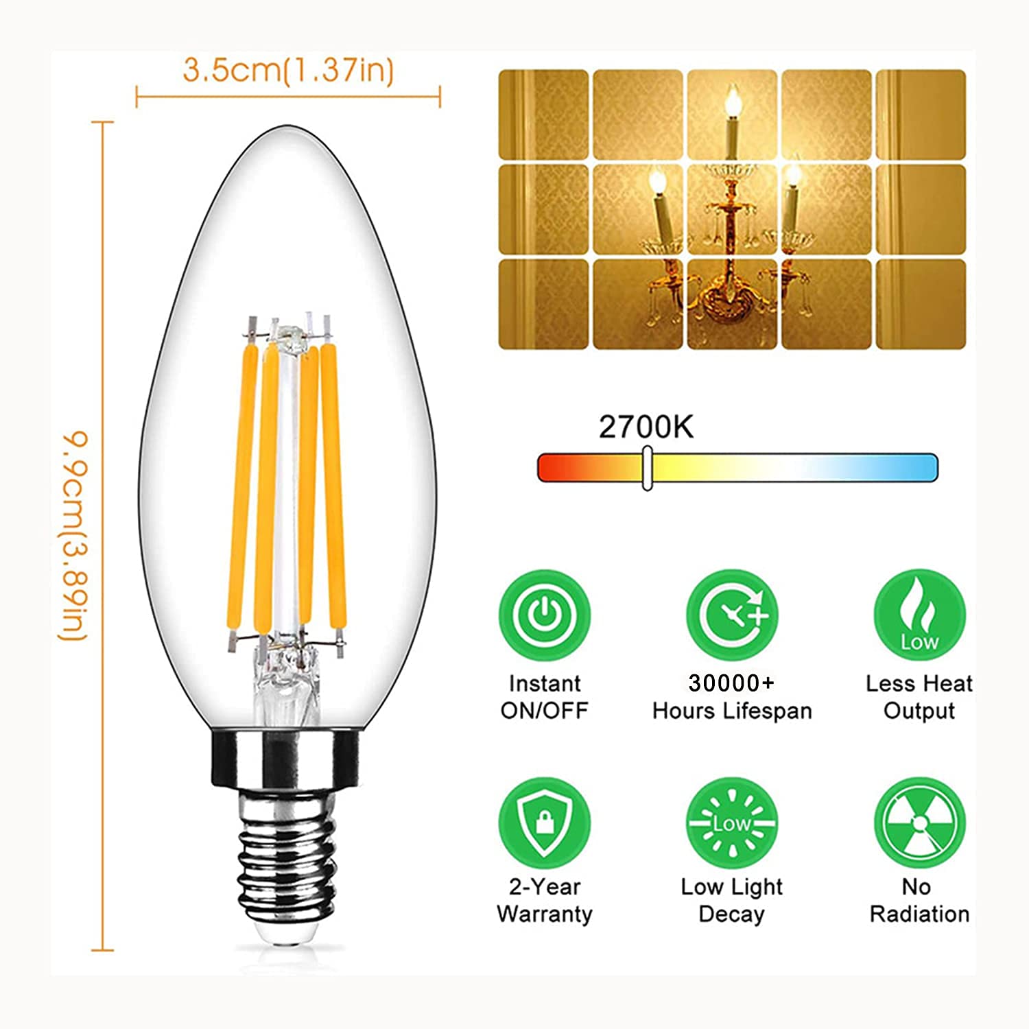 E12 LED Bulbs, Non-Dimmable E12 Candelabra LED Bulb 40 watt Equivalent, C35 2700K Energy Saving 4W Filament LED Chandelier Light Bulbs, Warm White Candelabra Bulbs for Ceiling Fan Home Decor,Pack of 6