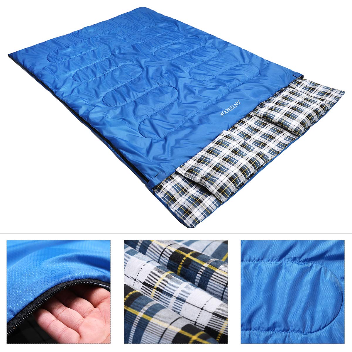 Double-Wide Cotton Flannel Lined Sleeping Bags, 3 Season Rectangular Semi-Rectangular Sleeping Bags Lightweight Warmth with 2 Pillows for Camping Backpacking Hiking Adults/Teens Queen Size XL