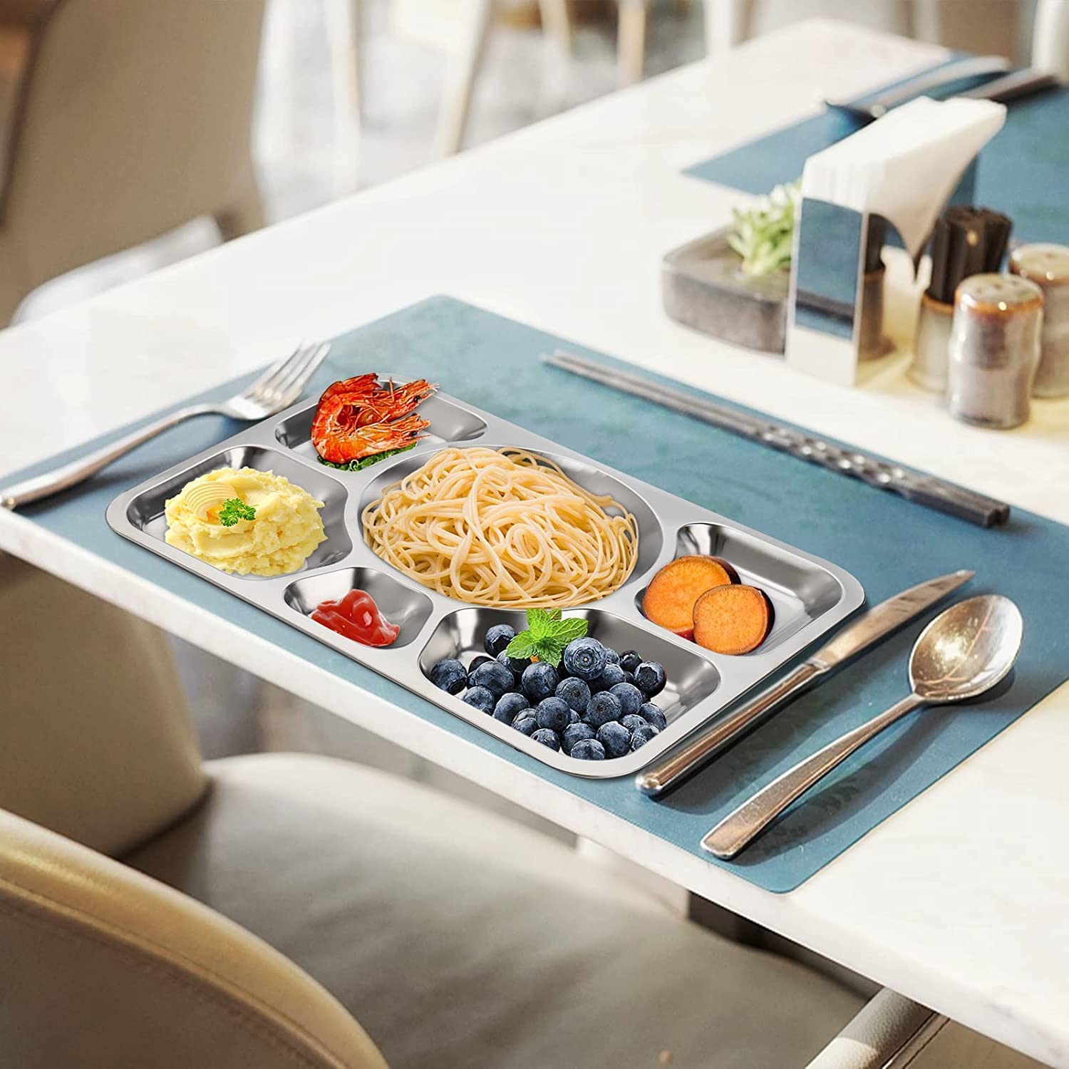 Hacaroa 4 Pack Stainless Steel Divided Dinner Plates, 15x10.6 Inches Snack Serving Plate with 6 Compartment, Metal Food Trays for Adults, Diet Food Portion Control, Picky Eaters