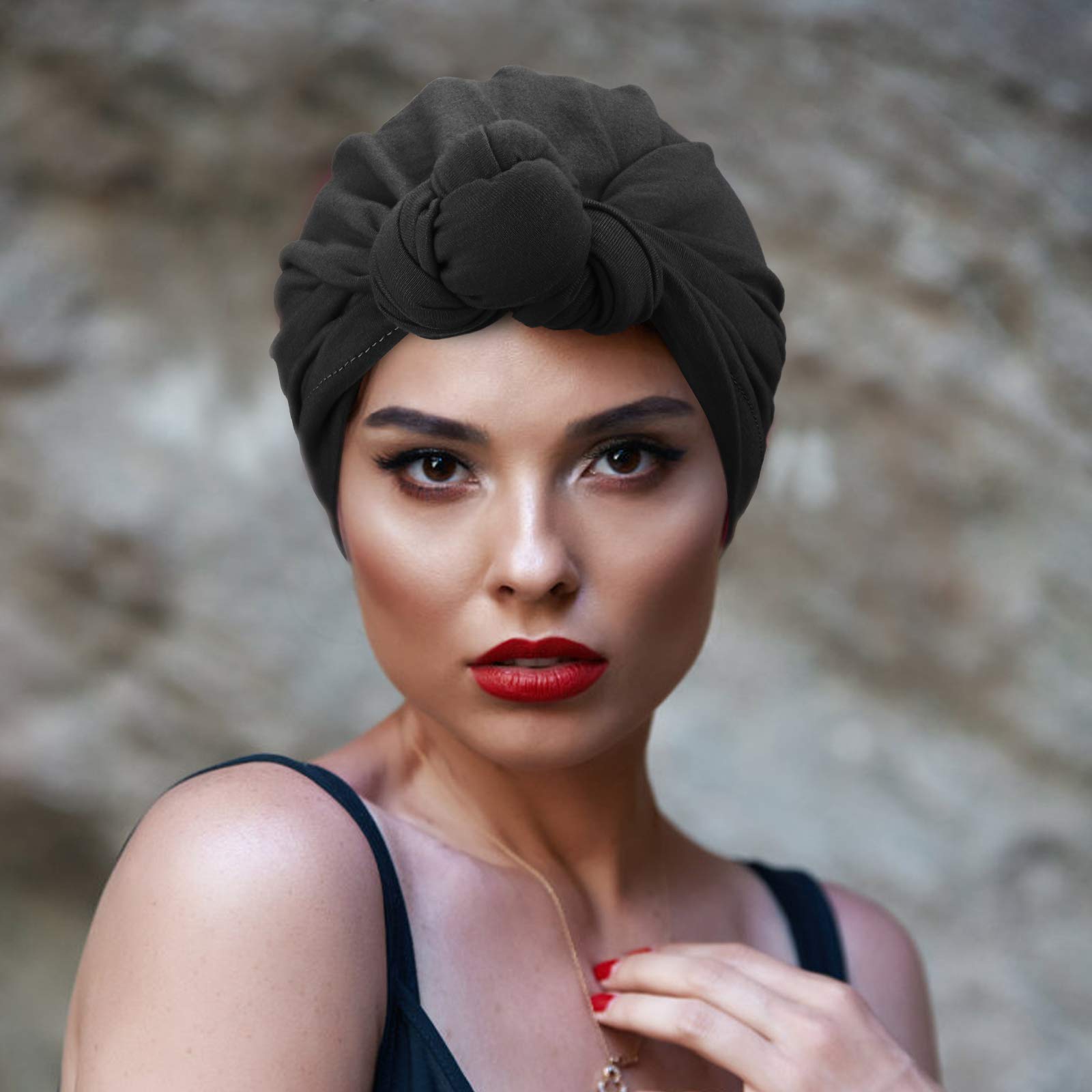 DRESHOW 5 Pack Knotted Headwraps for Women African Turban Pre-Knotted Beanie Headwraps Hair Covers