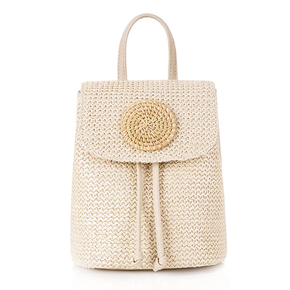 Gogobear Womens Small Straw Backpack Rattan Bags Summer Handmade Casual Shoulder Bag with Flap Drawstring (Beige)