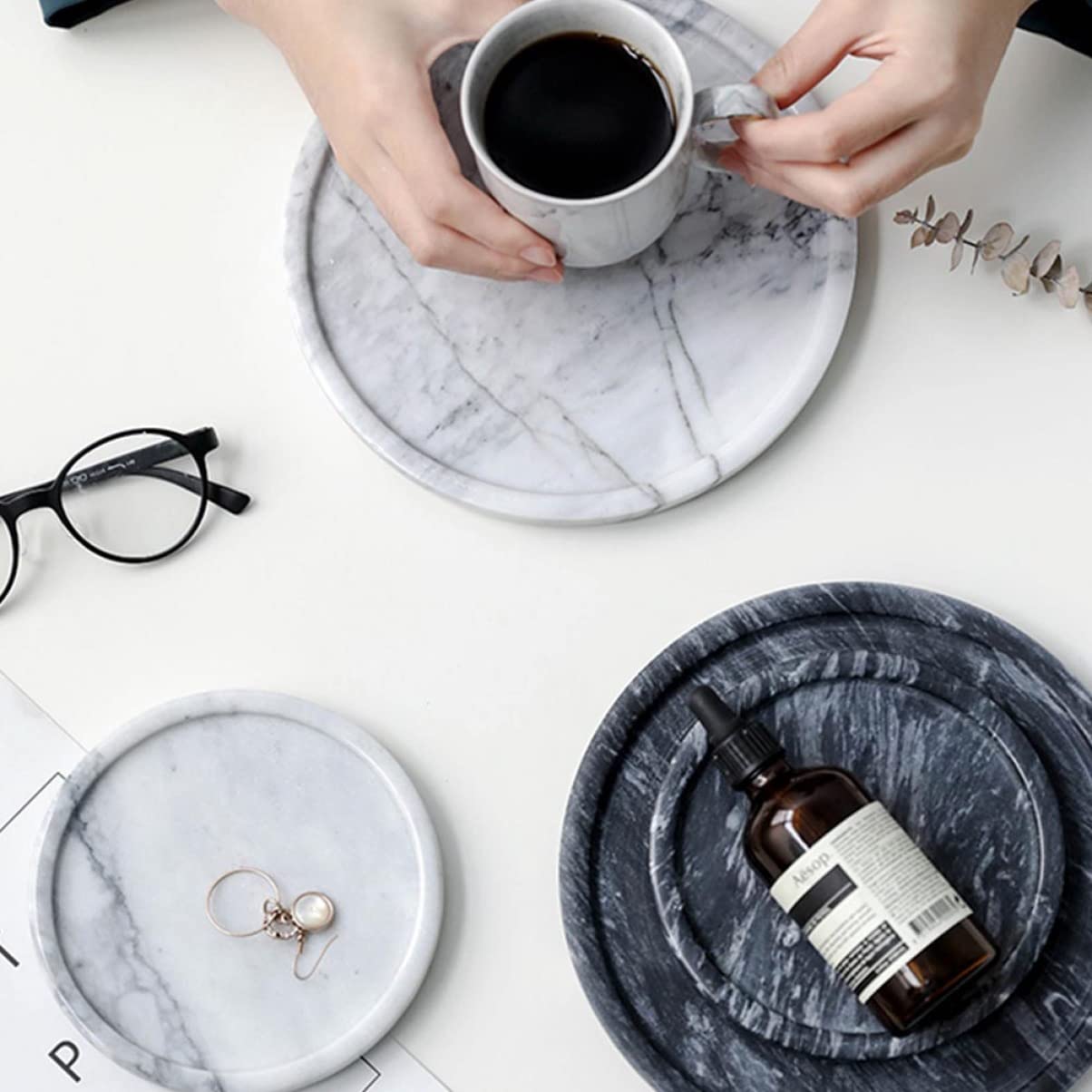 Hoement Wedding Ottoman Trinket Dish Serving for Creative Design Party Fruit Coffee Round Marble Storage Platter Dessert Jewelry Gift Natural Ring Black Accessories Vanity Holder Dried