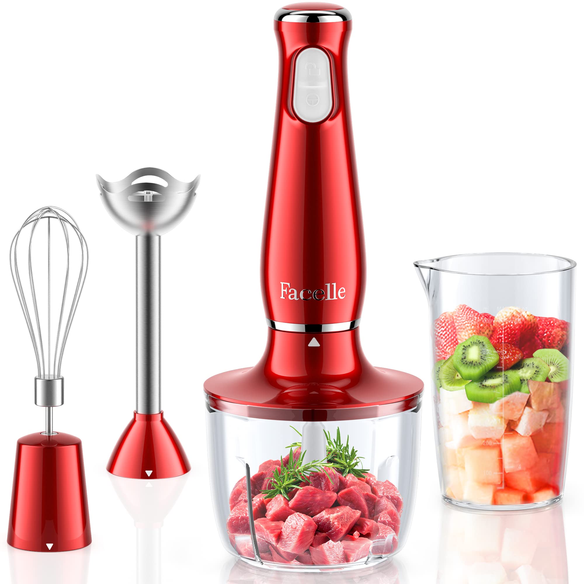 Facelle Hand Blender 1000W, 4-In-1 Immersion Electric Handheld Blender, Stick Blender Set with Chopper, Beaker, Whisk for Smoothie, Baby Food, Sauces Red, Puree, Soup