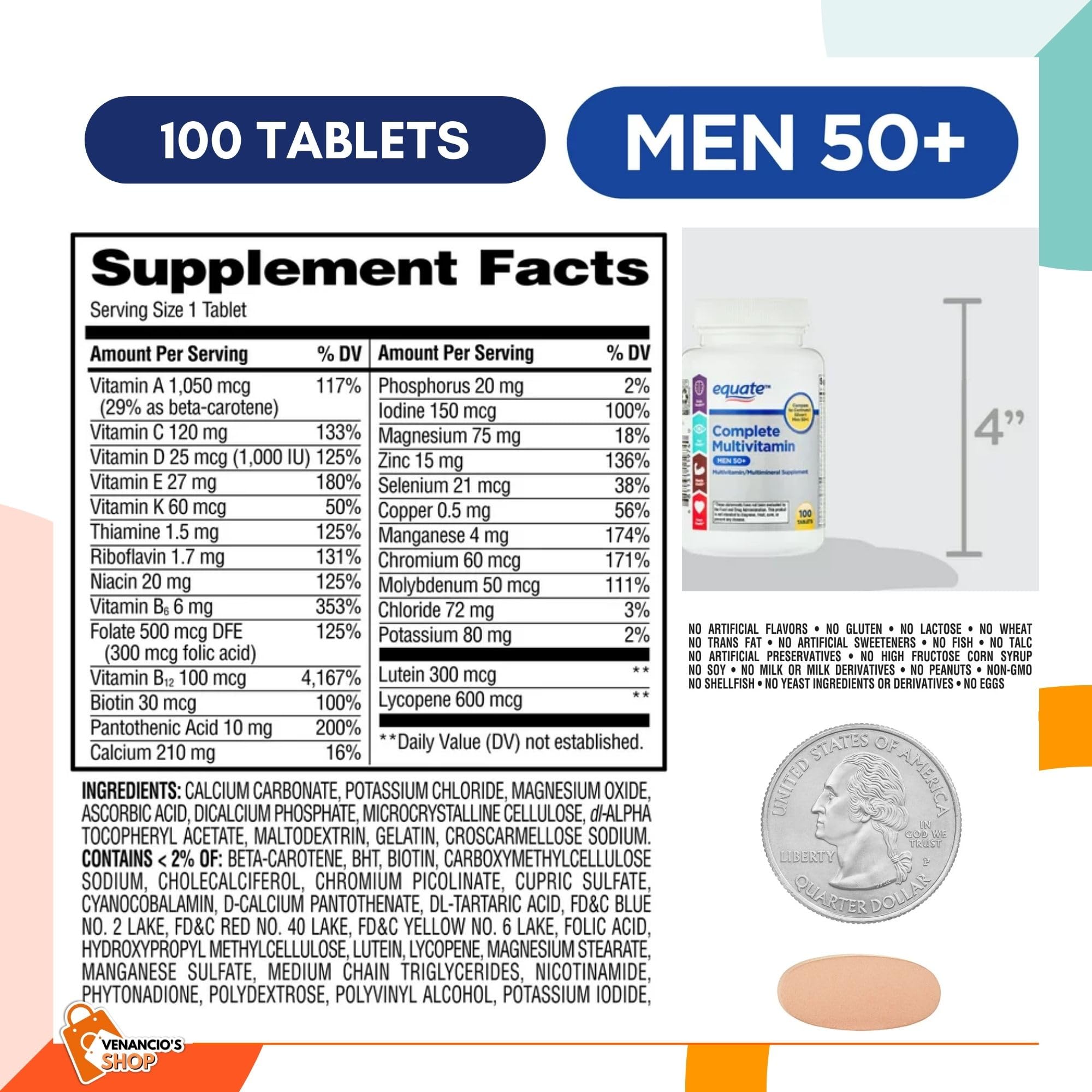 Equate Complete Multivitamin Multimineral Supplement Tablets (Compare to Centrum Silver Men 50+) + Includes Venanciosfridge Sticker (Mens 50+ | 100 Pills)