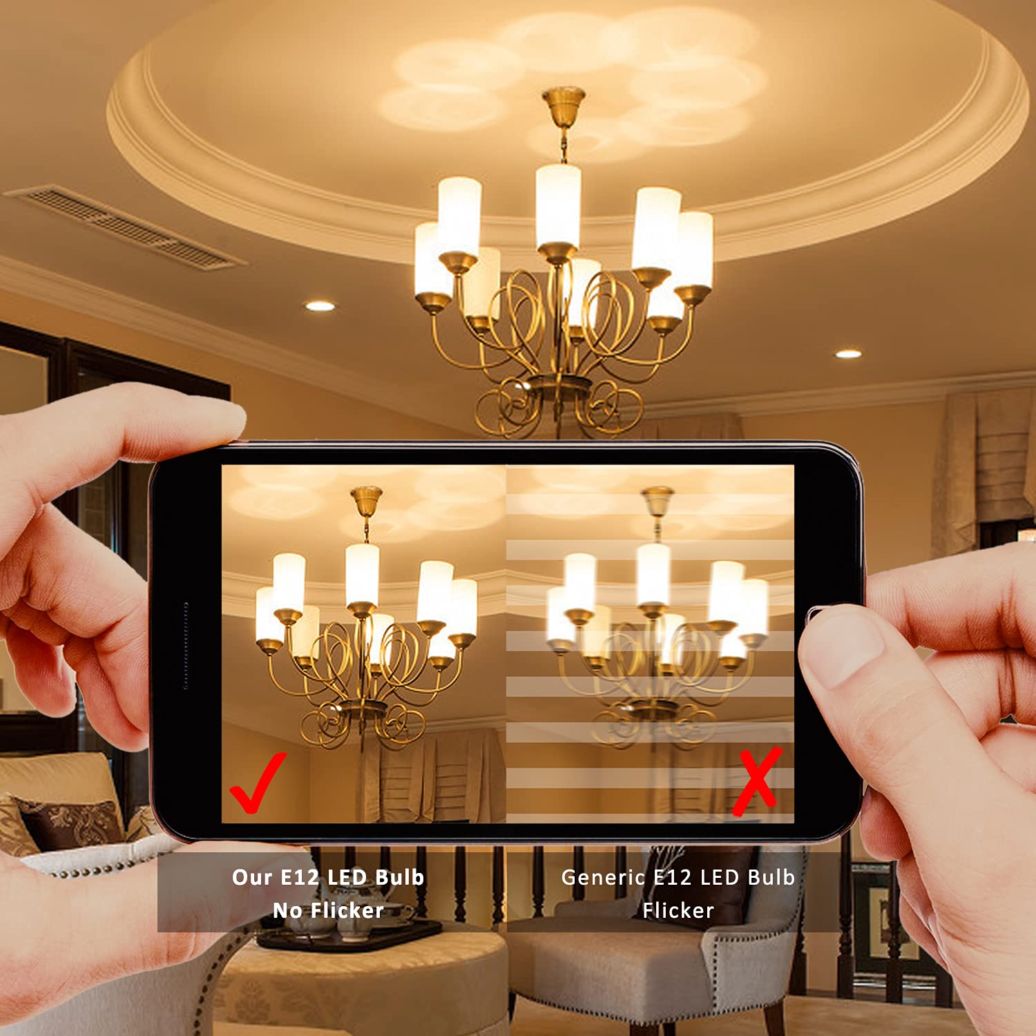 E12 LED Light Bulbs 6W for Ceiling Fan, 60W Equivalent Warm White 2700K Candelabra Round Light Bulbs, Small Base LED Chandelier Golf Ball Light Bulbs, Flicker Free, Not Dimmable, 600LM, 6 Pack