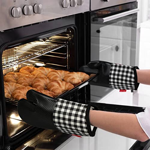 dsfen Heat Resistant Silicone Oven Gs Oven Mitts + 2 Cotton Pot Holders for Kitchen Cooking Baking Grilling Barbecue-Black Plaid