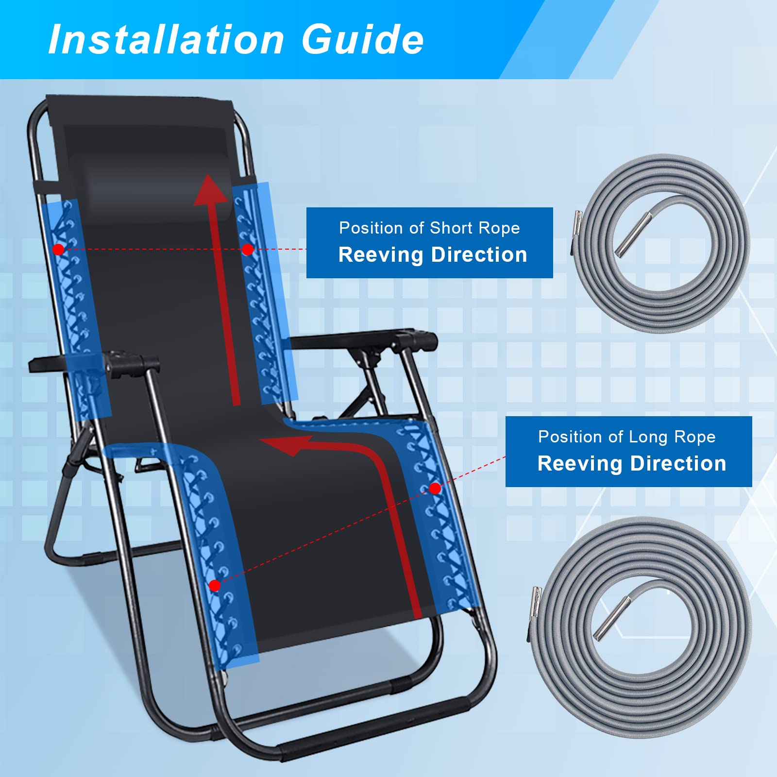 Universal Zero Gravity Chair Repair Cord Kit, 4 Pack Replacement Elastic Cords Repair Tool Kit for Repairing Zero Gravity Chair, Recliners (Silver)