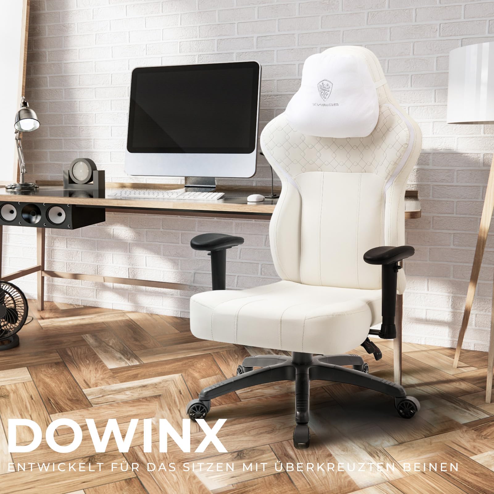 Dowinx Cross Legged Gaming Chair with Gravity Locking Wheels, High Back PU Leather Computer Chair for Heavy People, Big and Tall Game Chair with Lumbar Support(White)